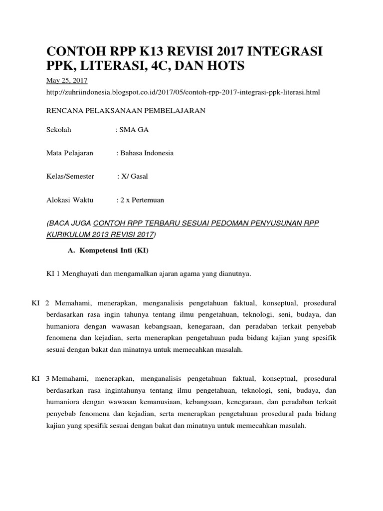 Contoh RPP k13 Revisi 2017 Integrasi PPK | PDF