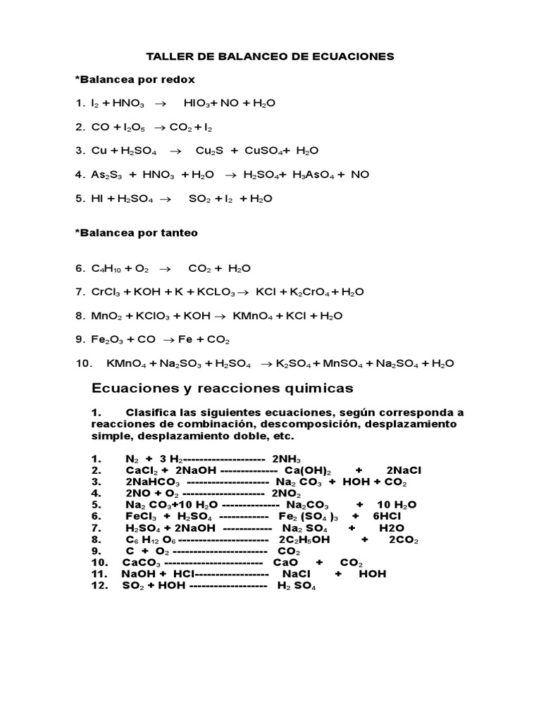 Taller de Balanceo de Ecuaciones Químicas | PDF | Hogar, jardinería y ...