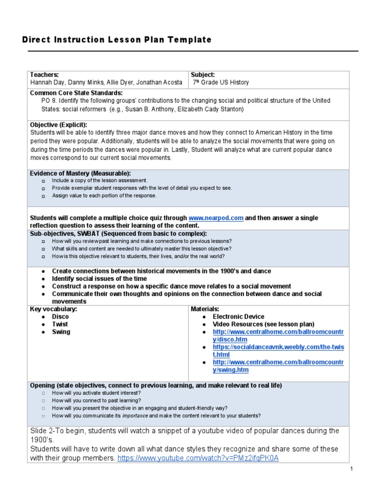 Direct Instruction Lesson Plan Template | PDF | Teachers | Educational ...