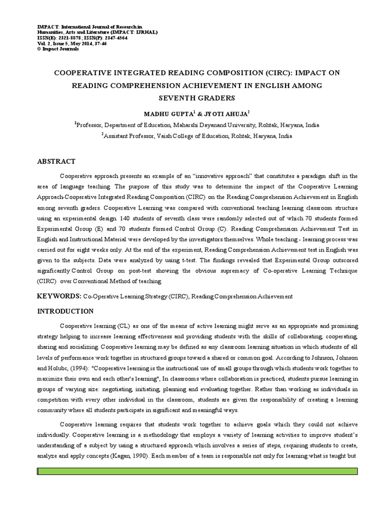 Cooperative Integrated Reading Composition (Circ) : Impact On Reading Comprehension Achievement ...