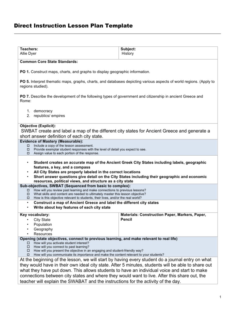 Direct Instruction Lesson Plan Template: Allie Dyer History | PDF ...