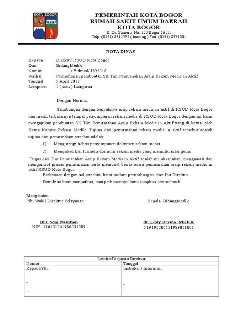 Nota Dinas Permohonan SK Pemusnahan Ekam Medik | PDF