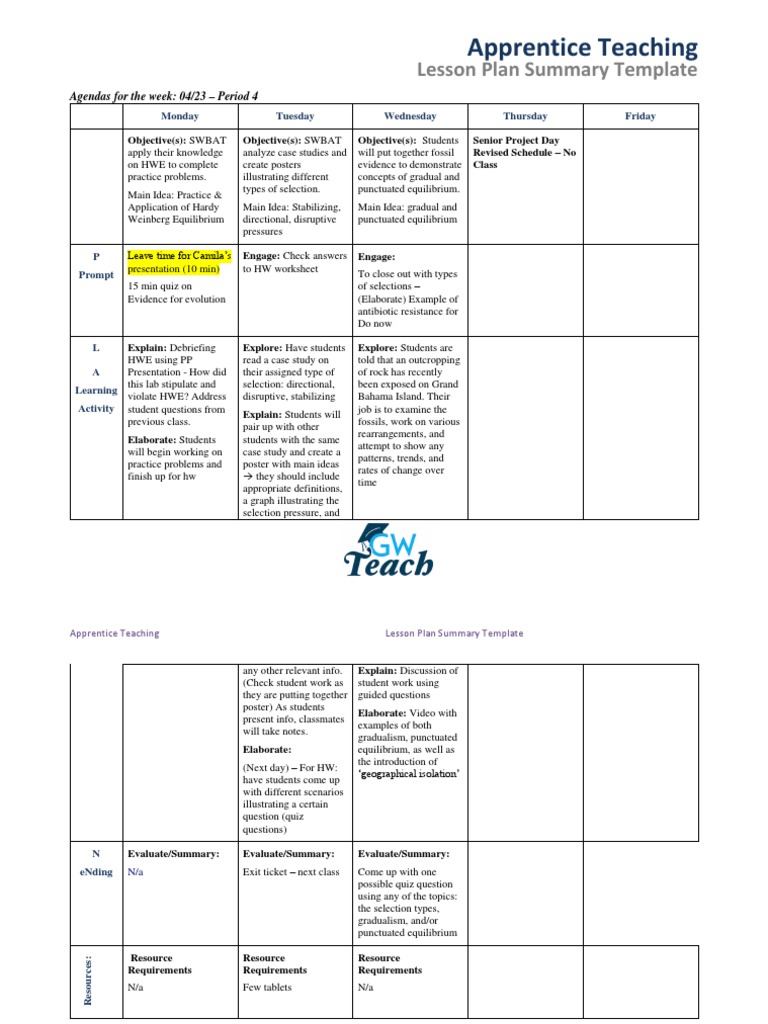 Apprentice Teaching: Lesson Plan Summary Template | PDF | Lesson Plan ...