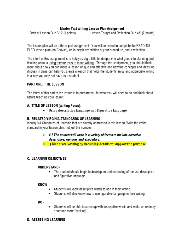 Mentor Text Writing Lesson Plan Assignment | PDF | Lesson Plan | Mentorship