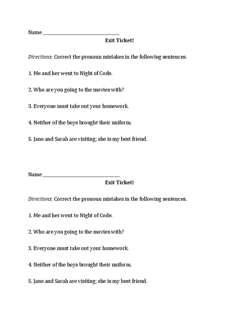 Pronouns Exit Ticket | PDF | Grammar | Syntax