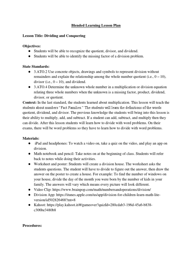 Blended Learning Lesson Plan | PDF | Division (Mathematics) | Learning
