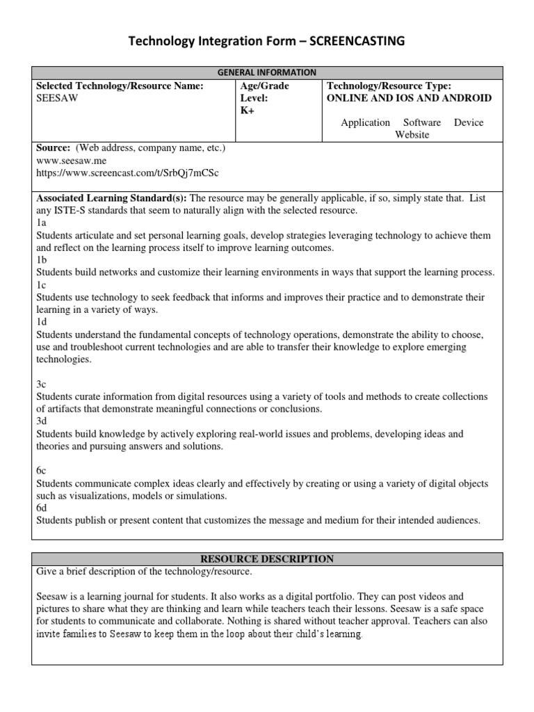 Technology Integration Template-Screencasting Ggwells | PDF | Learning | Cognition