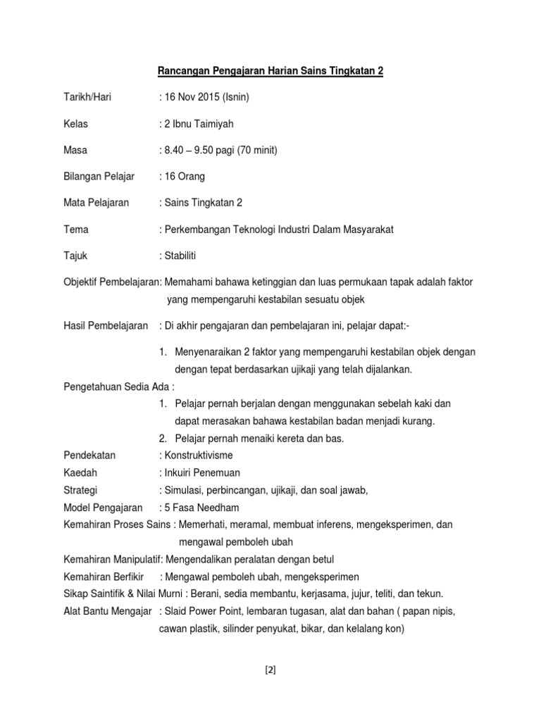 Rancangan Pengajaran Harian Sains Tingkatan 2 Kestabilan | PDF