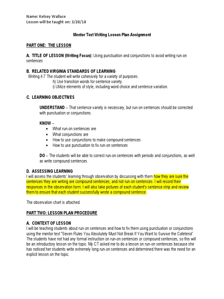 Mentor Text Writing Lesson Plan Final Draft and Reflection For ...
