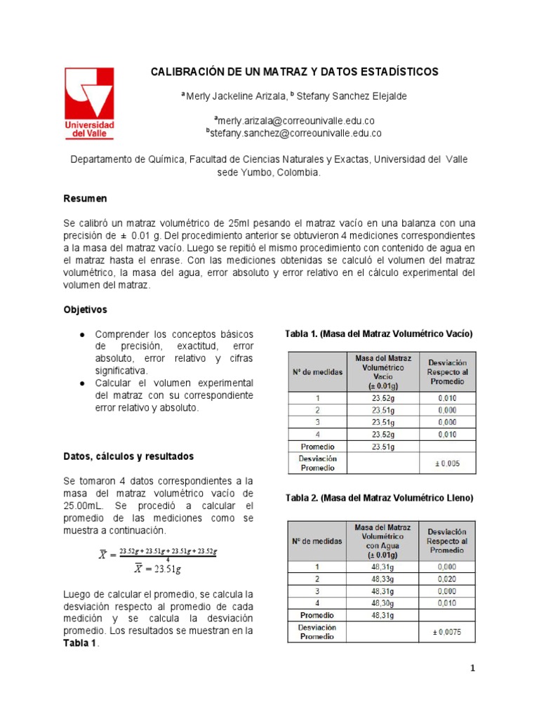 Análisis de la calibración de un matraz volumétrico y cálculo de ...