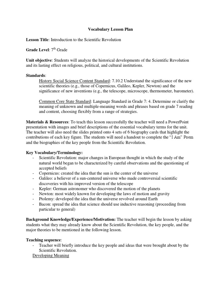 Vocabulary Lesson Plan | PDF | Scientific Revolution | Science
