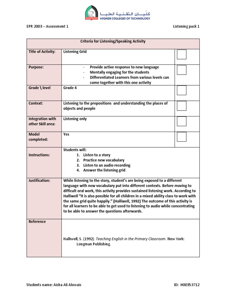Aishah00353712-Listening 1-Checklist | PDF