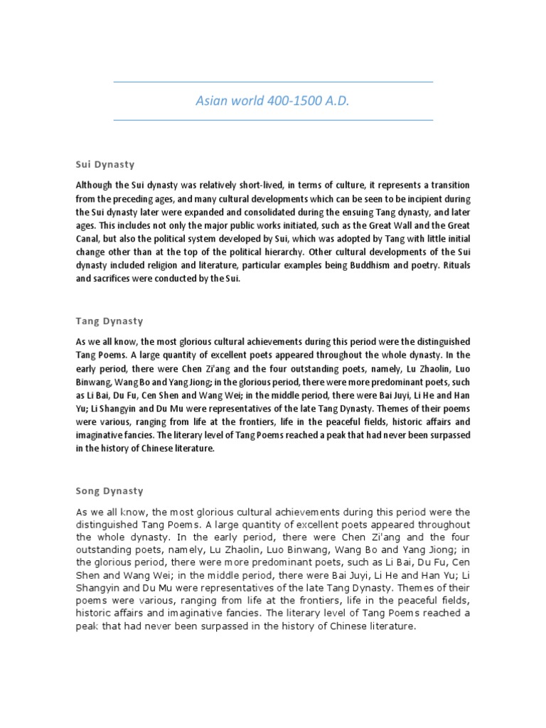 Asian World 400-1500 A.D.: Sui Dynasty | PDF | Tang Dynasty | Chinese ...