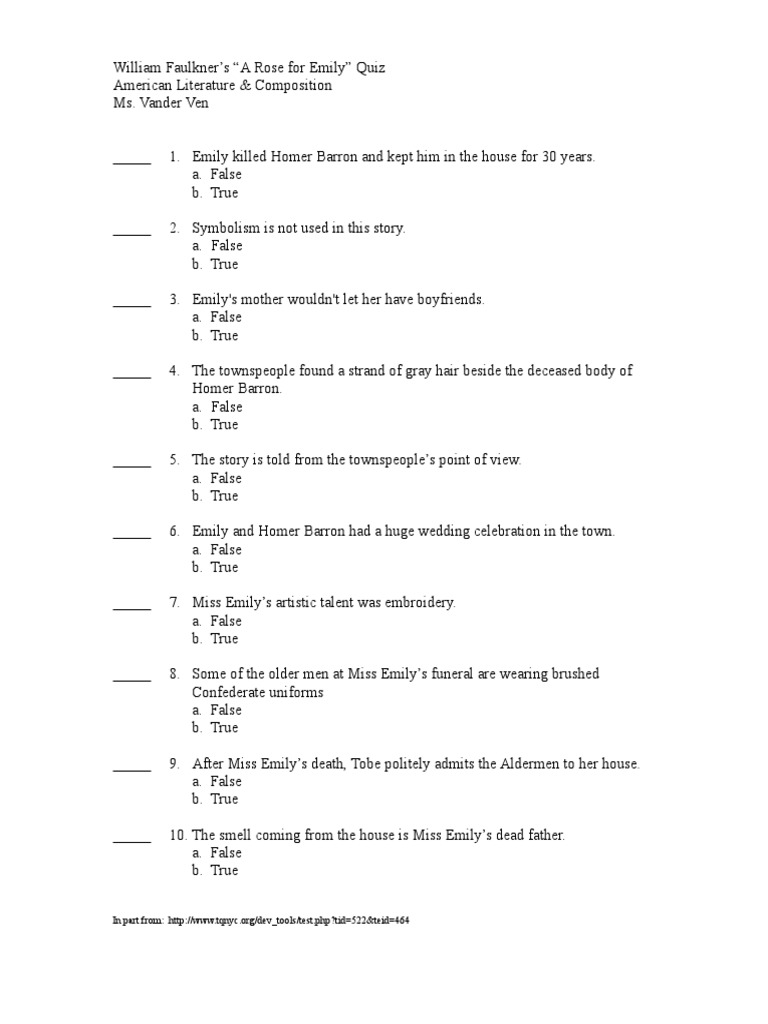 William Faulkners "A Rose For Emily" Quiz | PDF