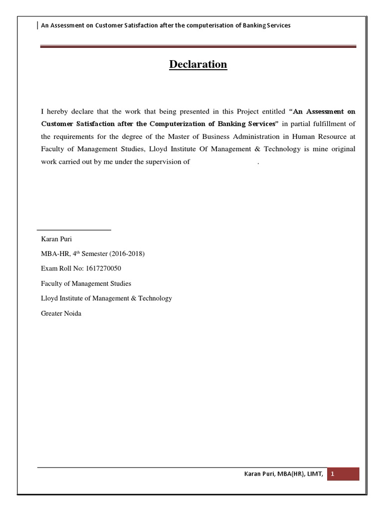 Declaration: Customer Satisfaction After The Computerization of Banking ...