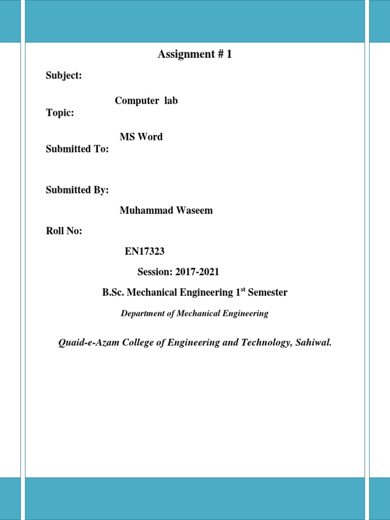 Assignment # 1: Subject: Computer Lab Topic: MS Word Submitted To | PDF ...