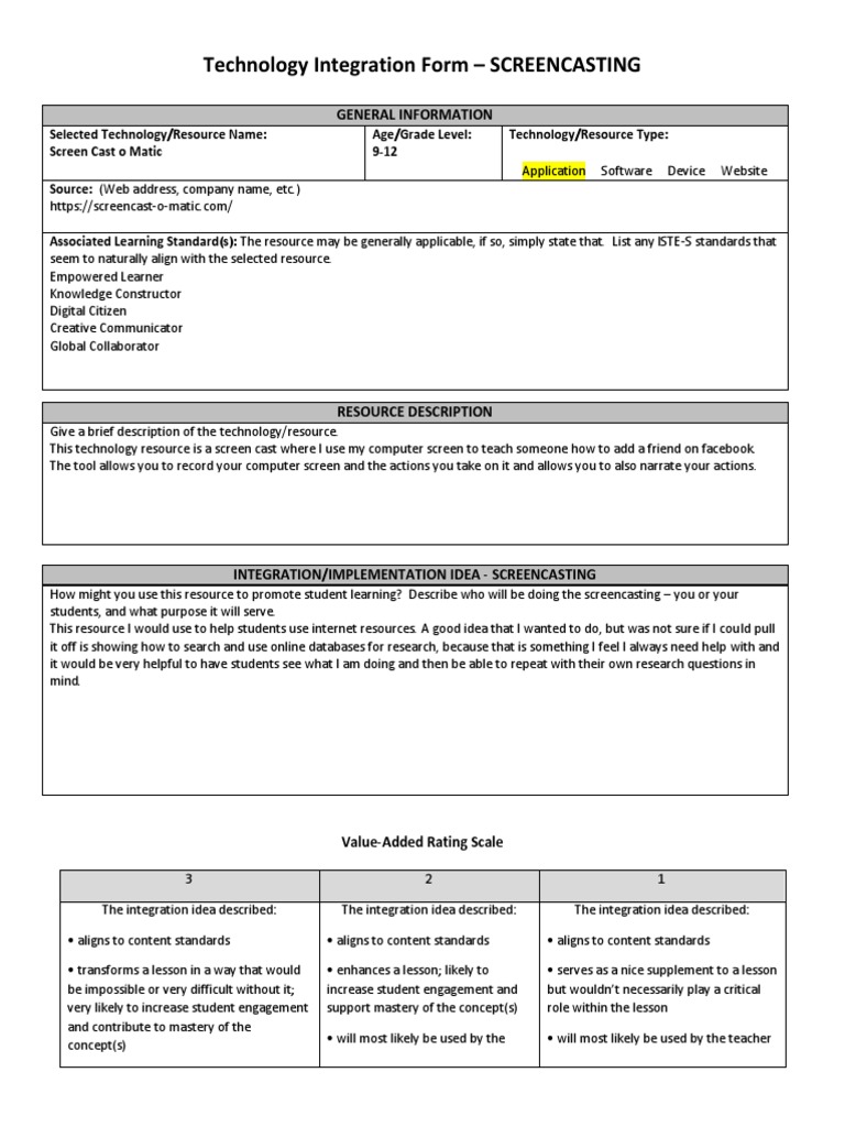 Technology Integration Template-Screencasting | PDF | Behavior ...