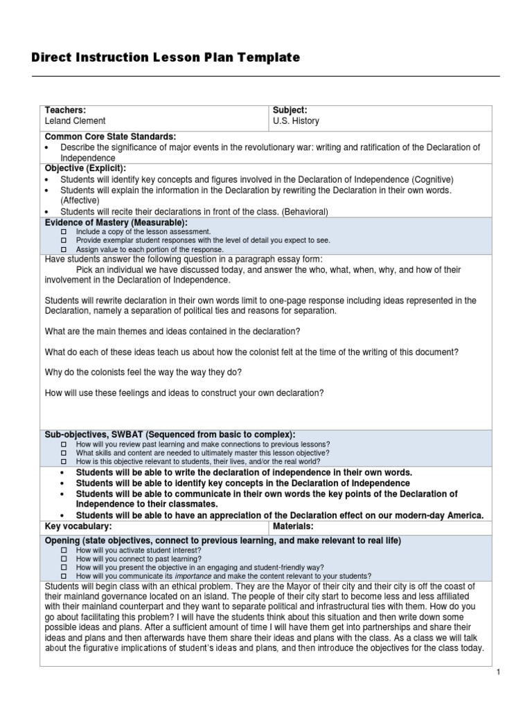 Direct Instruction Lesson Plan Complete-Declaration of Independence ...