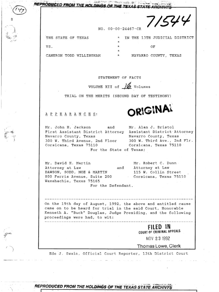Complete Transcripts From Cameron Todd Willingham's 1992 Trial (Part 2 ...