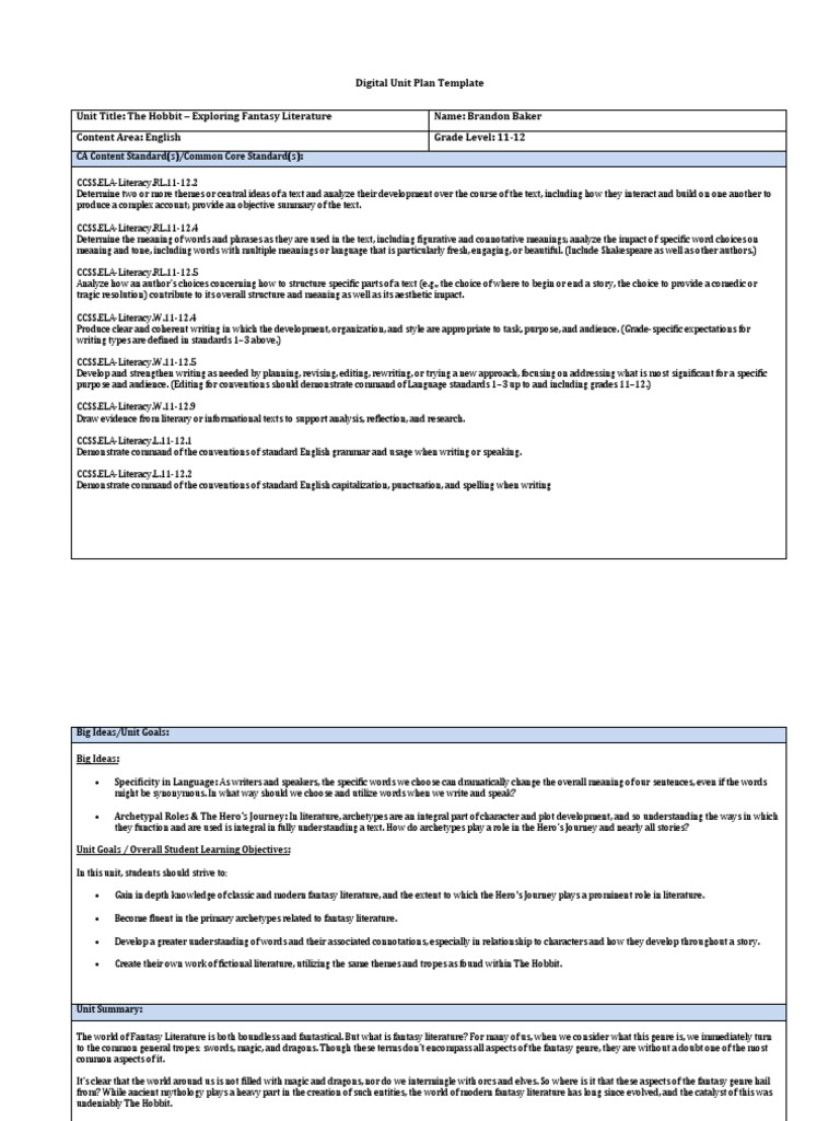 Digital Unit Plan Template Unit Title: The Hobbit - Exploring Fantasy ...