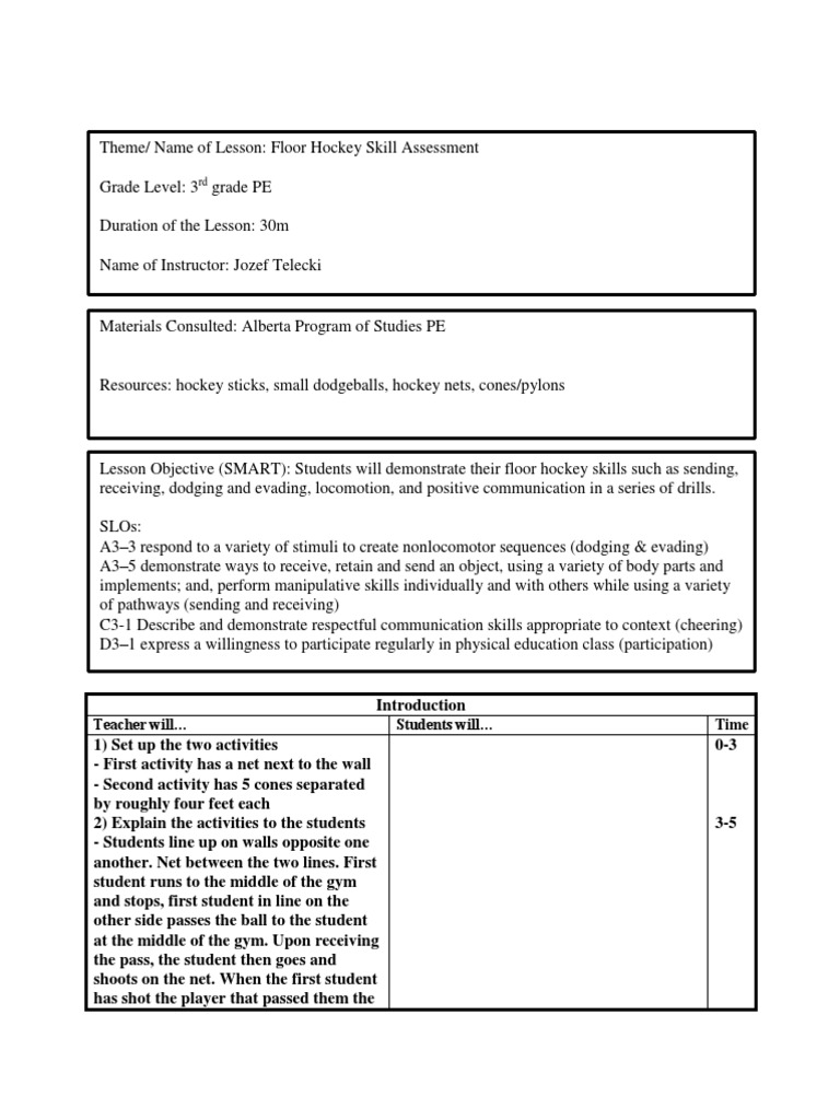 3rd Grade Floor Hockey Skills | PDF | Educational Assessment ...