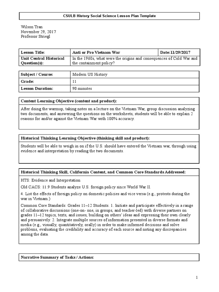 Lesson Plan 300 Vietnam War | PDF | Lesson Plan | Vietnam War