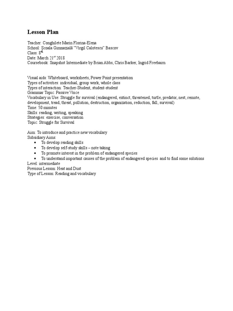 Lesson Plan 8th Grade 2 | PDF | Lesson Plan | Endangered Species