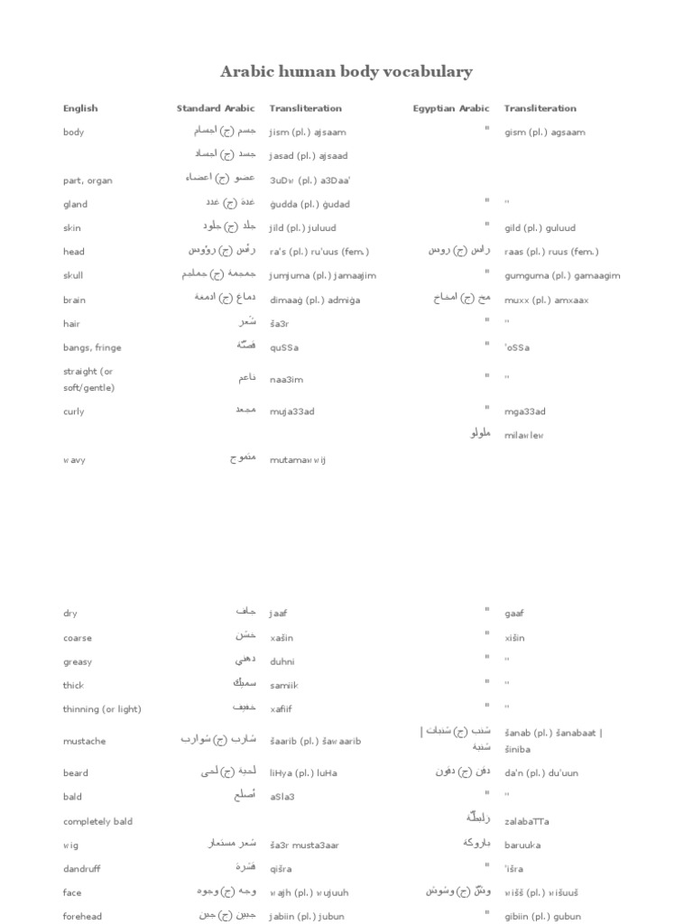 Arabic Body Parts Vocabulary Guide | PDF