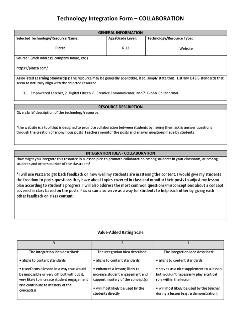 Technology Integration Template-Collaboration Piazza | PDF | Educational Psychology ...