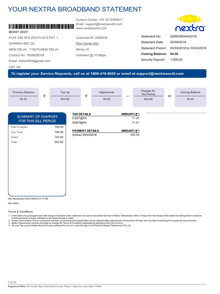 Your Nextra Broadband Statement: Mohit Dixit | Download Free PDF | Taxes | Government