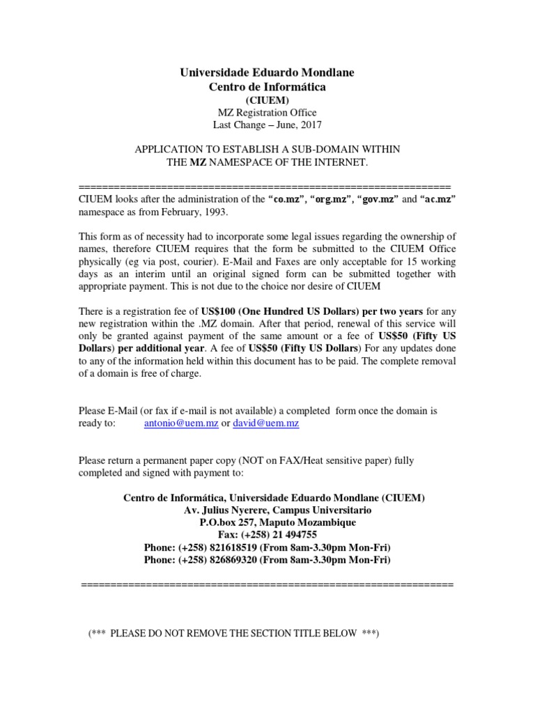 MZ Domain Form | PDF | Domain Name | Email Address