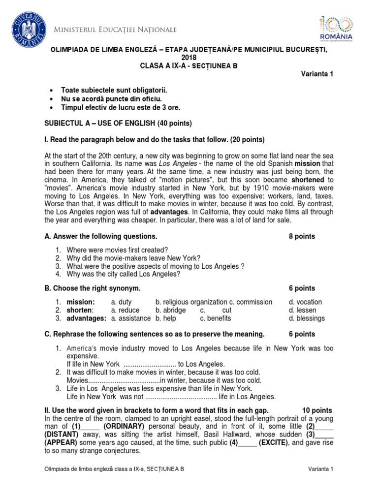 IX B Subiect PDF | PDF