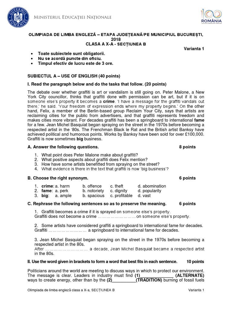 X B Subiect PDF | PDF | Graffiti | Vacation