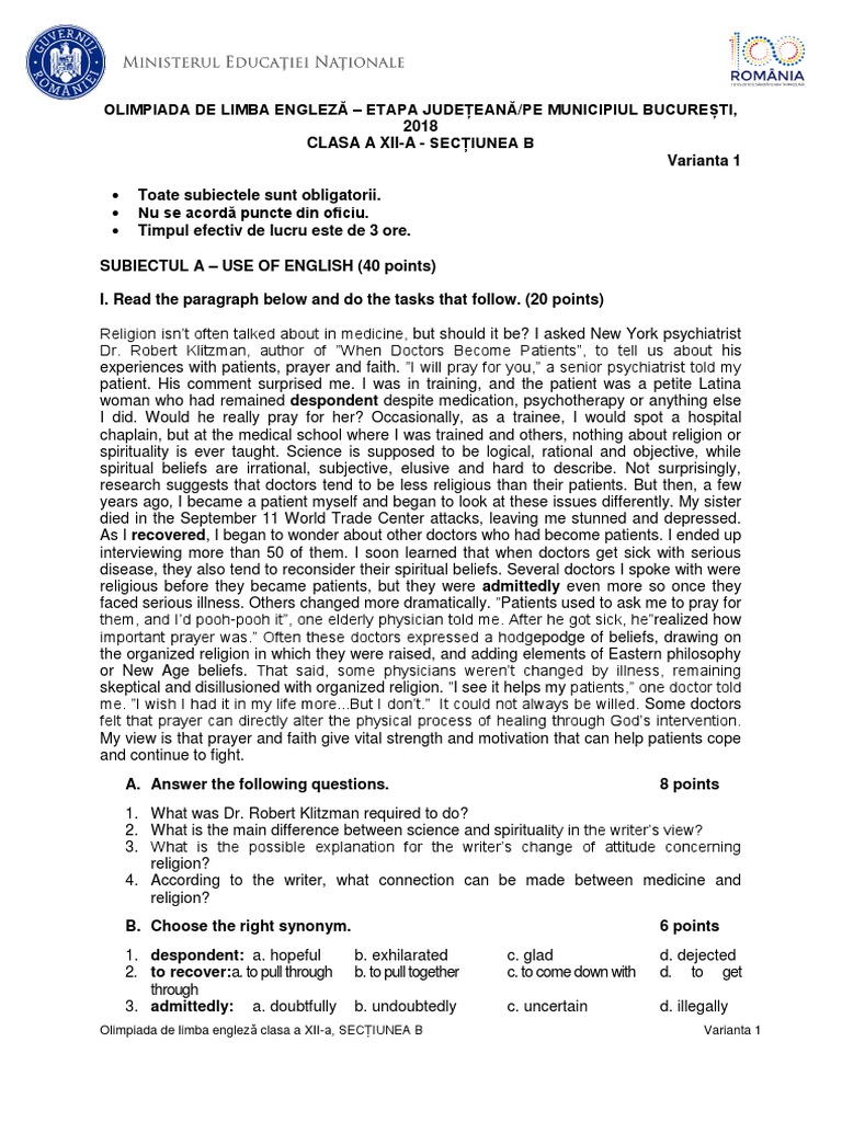 XII B Subiect PDF | PDF | Prayer | Physician