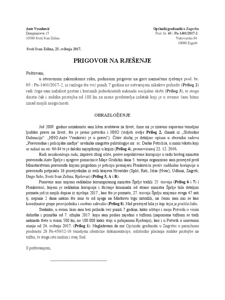 Prigovor Na Rješenje - Klarić | PDF