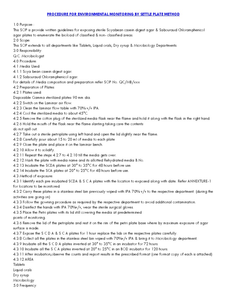 Procedure For Environmental Monitoring by Settle Plate Method | PDF ...