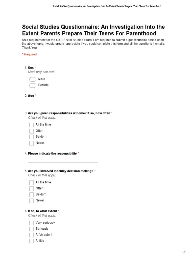 CXC Social Studies Questionnaire | PDF | Parenting | Relationships