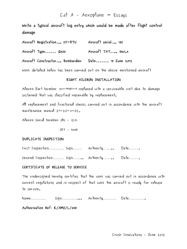 Cat A - Aeroplane - Essays: Write A Typical Aircraft Log Entry Which ...