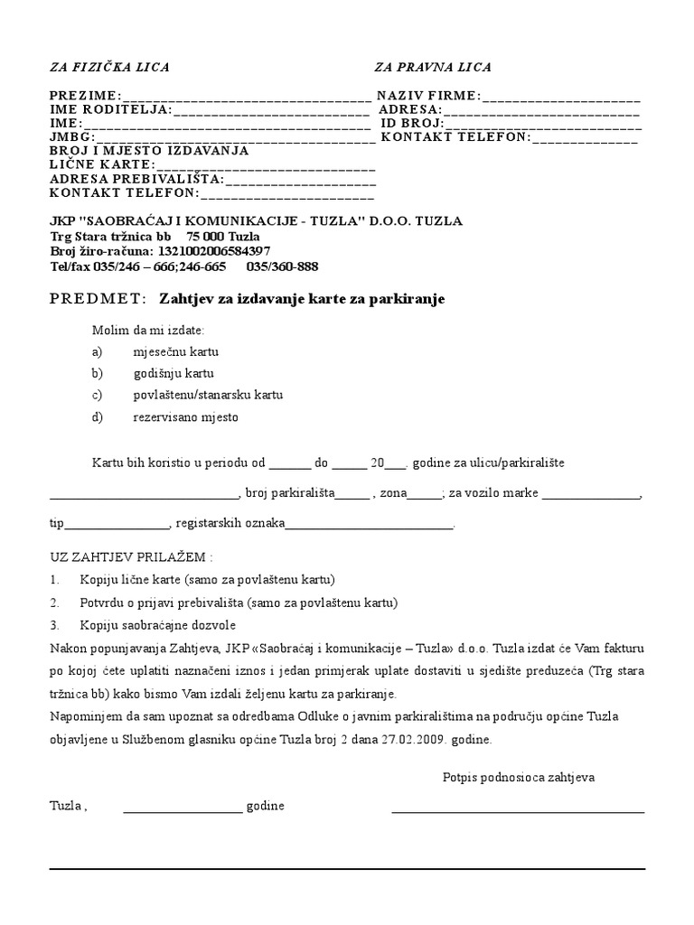 Zahtjev Za Izdavanje Karte Za Parkiranje | PDF