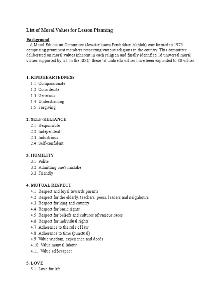 Moral Values for Lesson Planning | PDF | Morality | Value (Ethics)