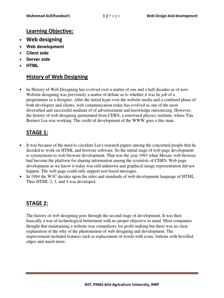 Learning Objective: Web Designing: Muhmmad Asif/handout1 1 - Web Design ...
