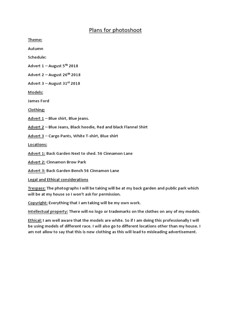 Plans For Photoshoot | PDF