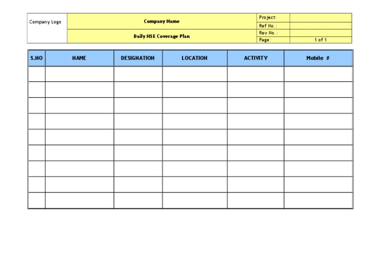 Daily HSE Coverage Plan Template | PDF