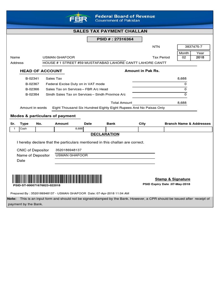 Sales Tax Payment Challan: PSID #: 27316364 | PDF | Money | Business