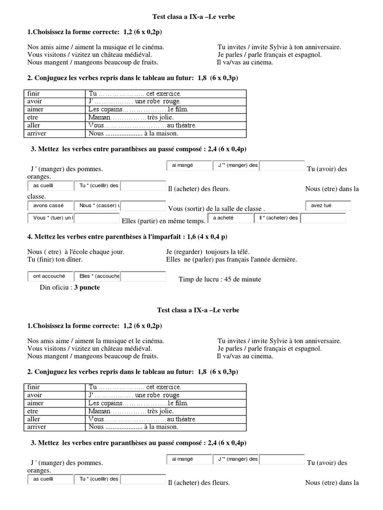 Test Clasa A IX - A Le Verbe | PDF | Typologie linguistique