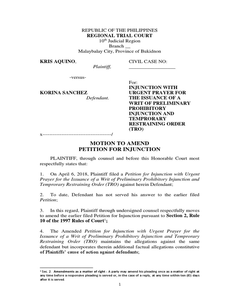 Motion To Amend Petition For Injunction (As A Matter of Right) | PDF | Injunction | Pleading