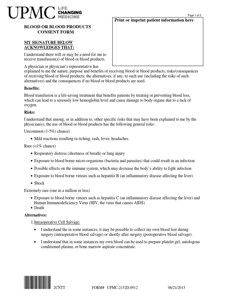 Blood or Blood Products Consent Form Print or Imprint Patient ...