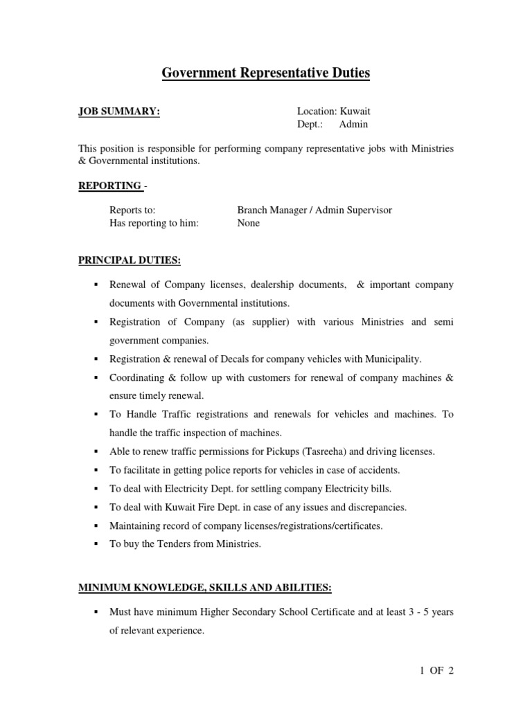 Government Representative Job Description | PDF | Business
