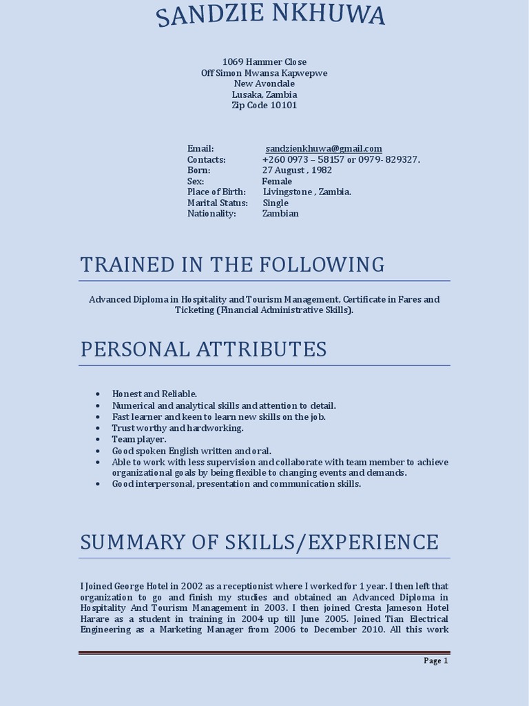 Nkhuwa Sandzie - Curriculum Vitae (Resume') | PDF | Zambia | Business