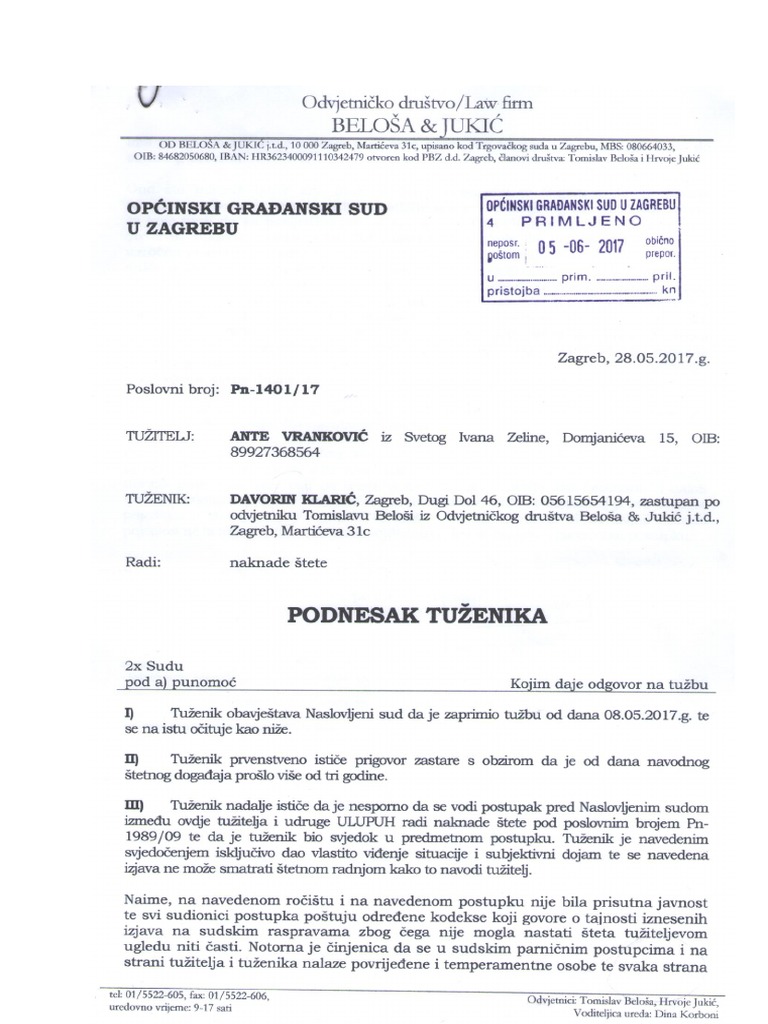 Odgovor Na Tužbu - Klarić | PDF